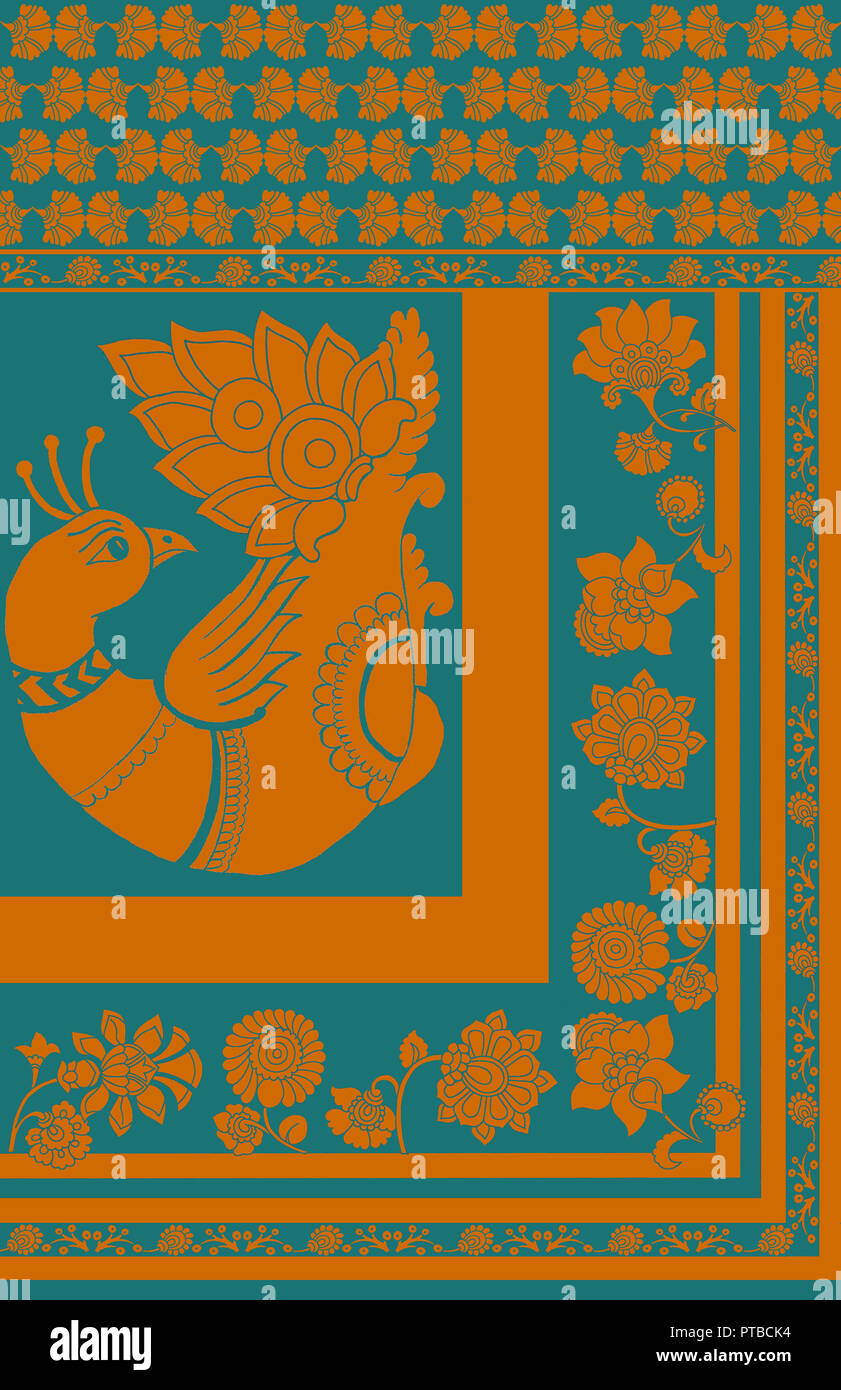 Kalamkari design made using two colors and motifs of animals and ...