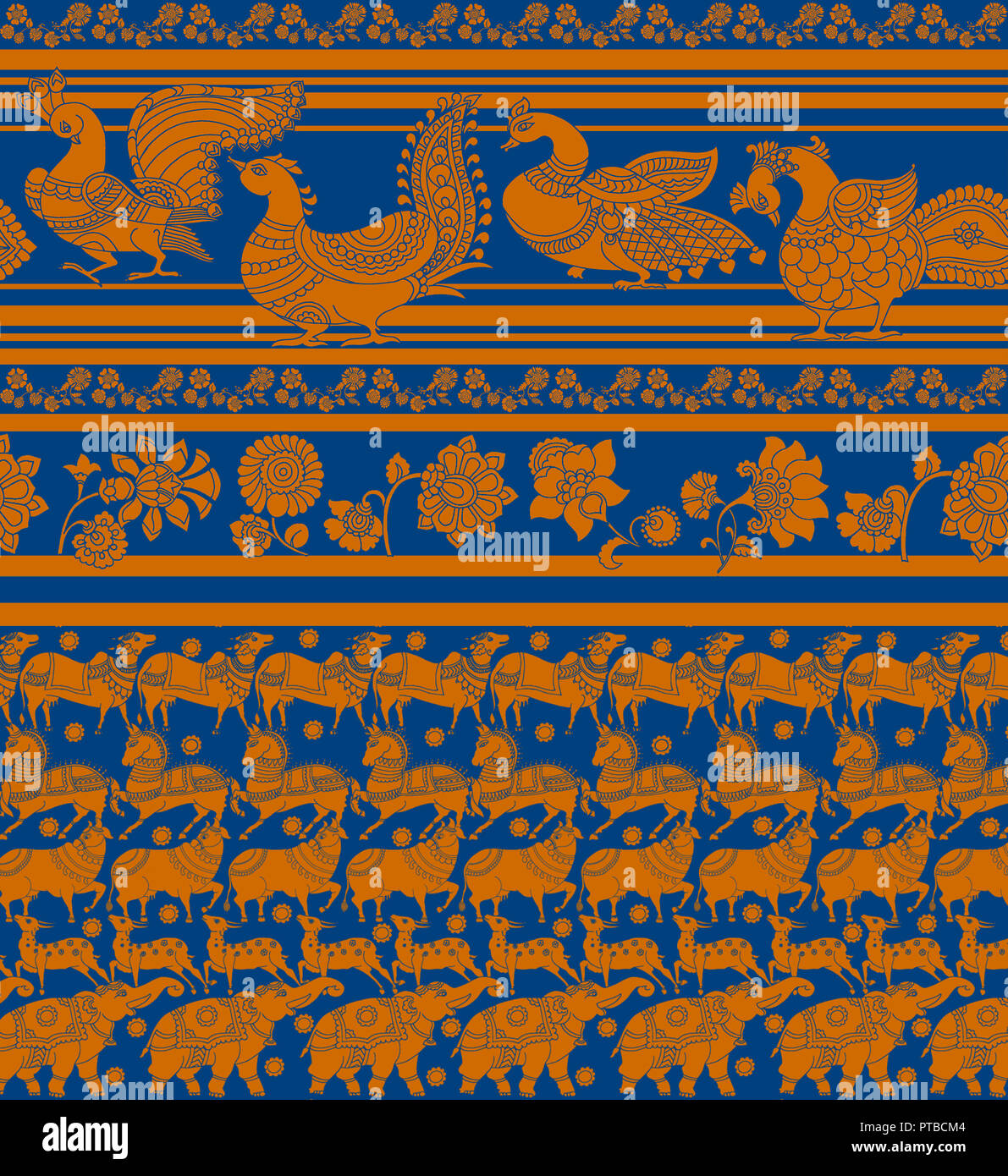 Kalamkari design made using two colors and motifs of animals and ...