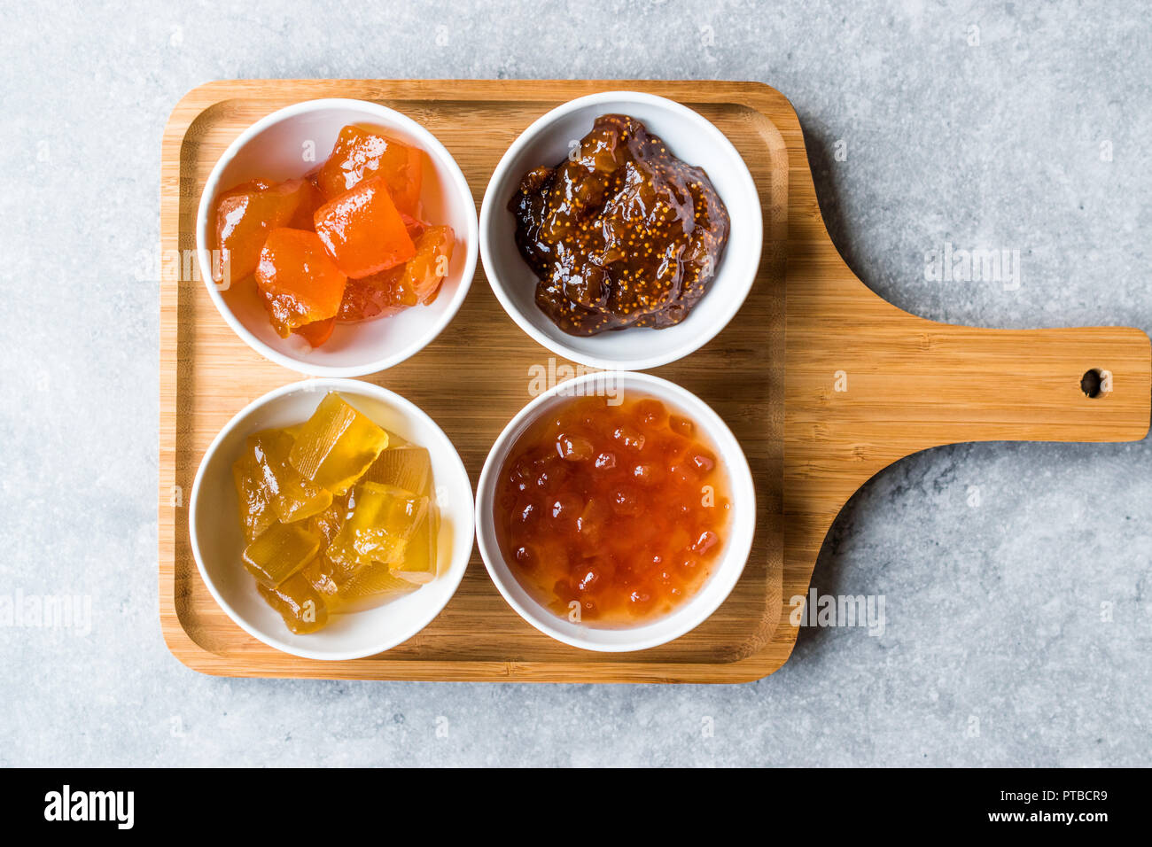 Various Ceramic bowl of Fruit jams Fig, Quince, Bergamot Citrus ...