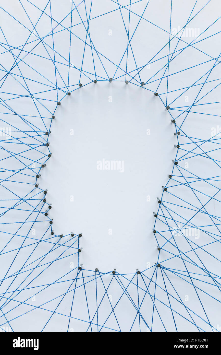 Human head shape made from a large grid of pins connected with string ...