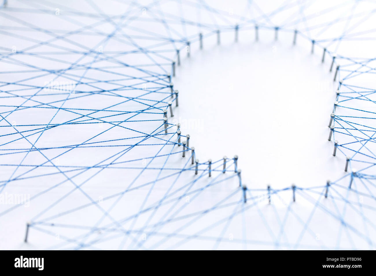 Human head shape made from a large grid of pins connected with string ...