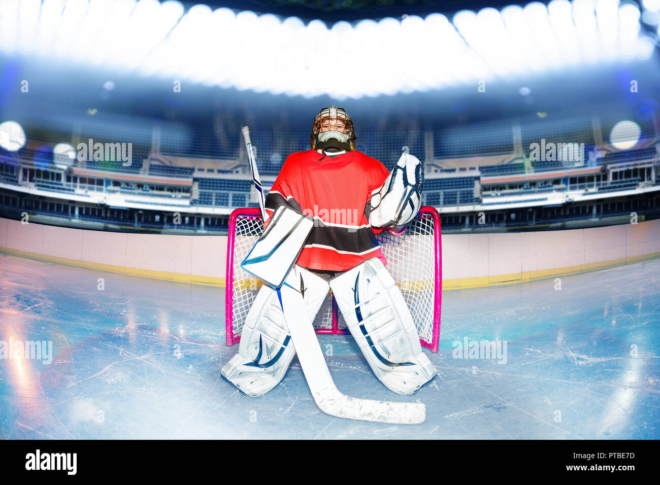 Portrait of young goaltender standing next to the net under the lights ...