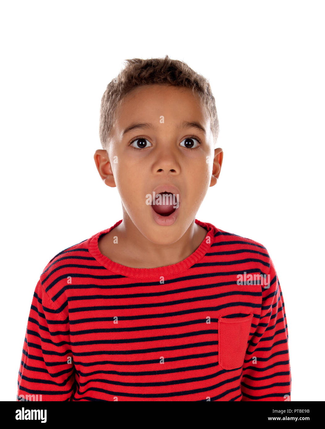 Surprised child open his mouth isolated on a white background Stock ...