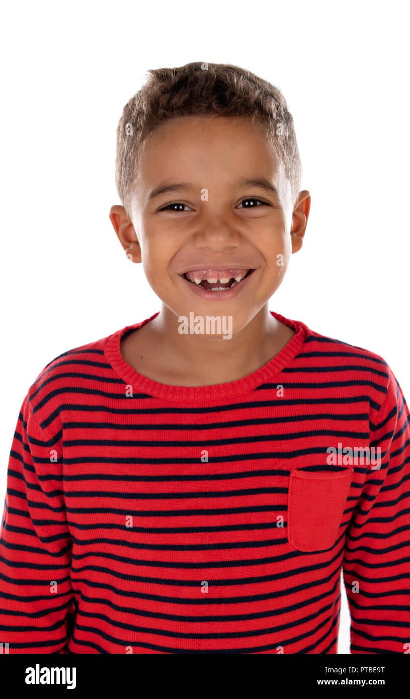Beautiful latin child with red striped shirt isolated on a white ...