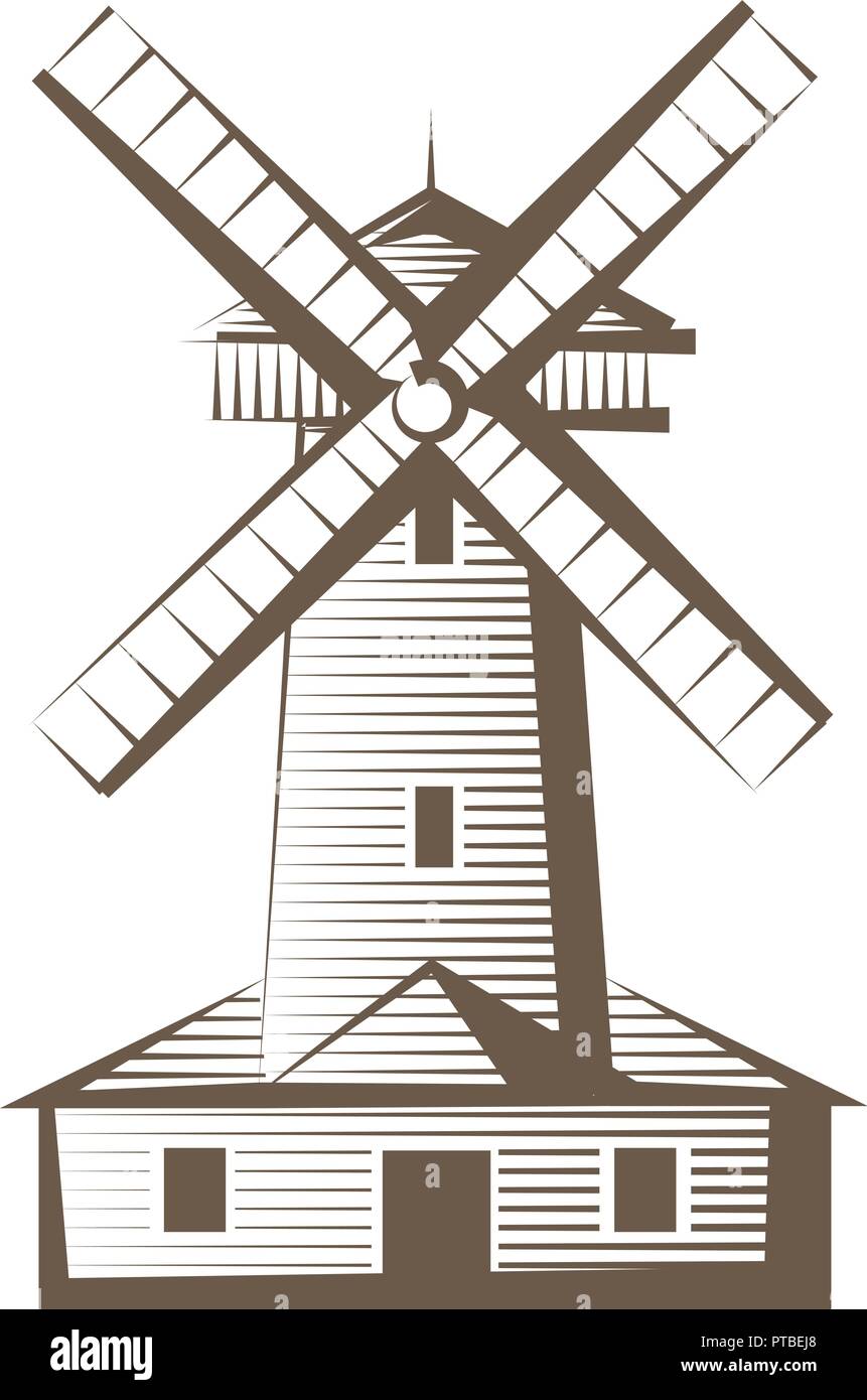 Old wooden mill, windmill logo or label. Farming concept carving hand ...