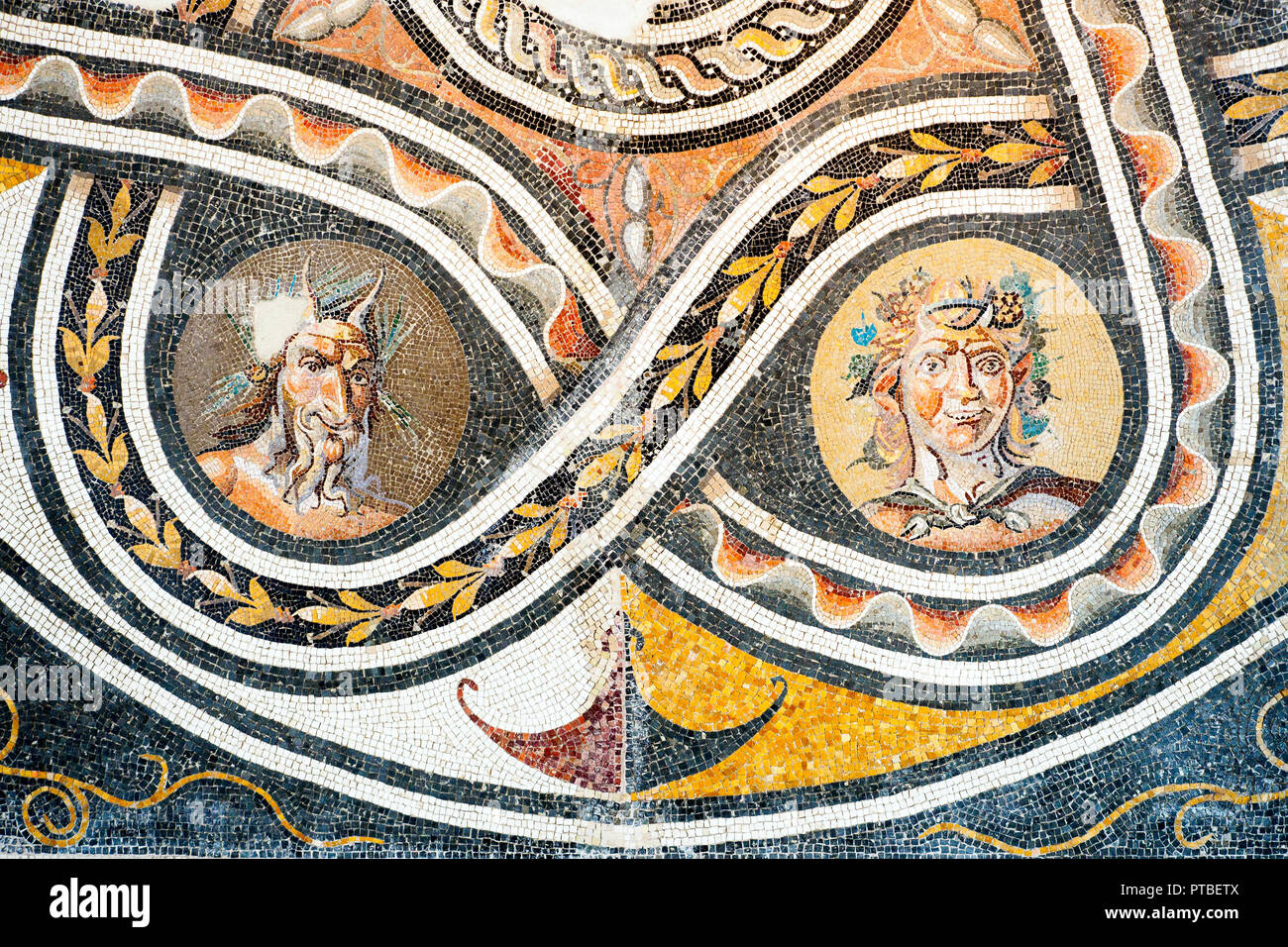 Floor mosaic with satyr and pan heads. In Genazzano from a Roman villa ...