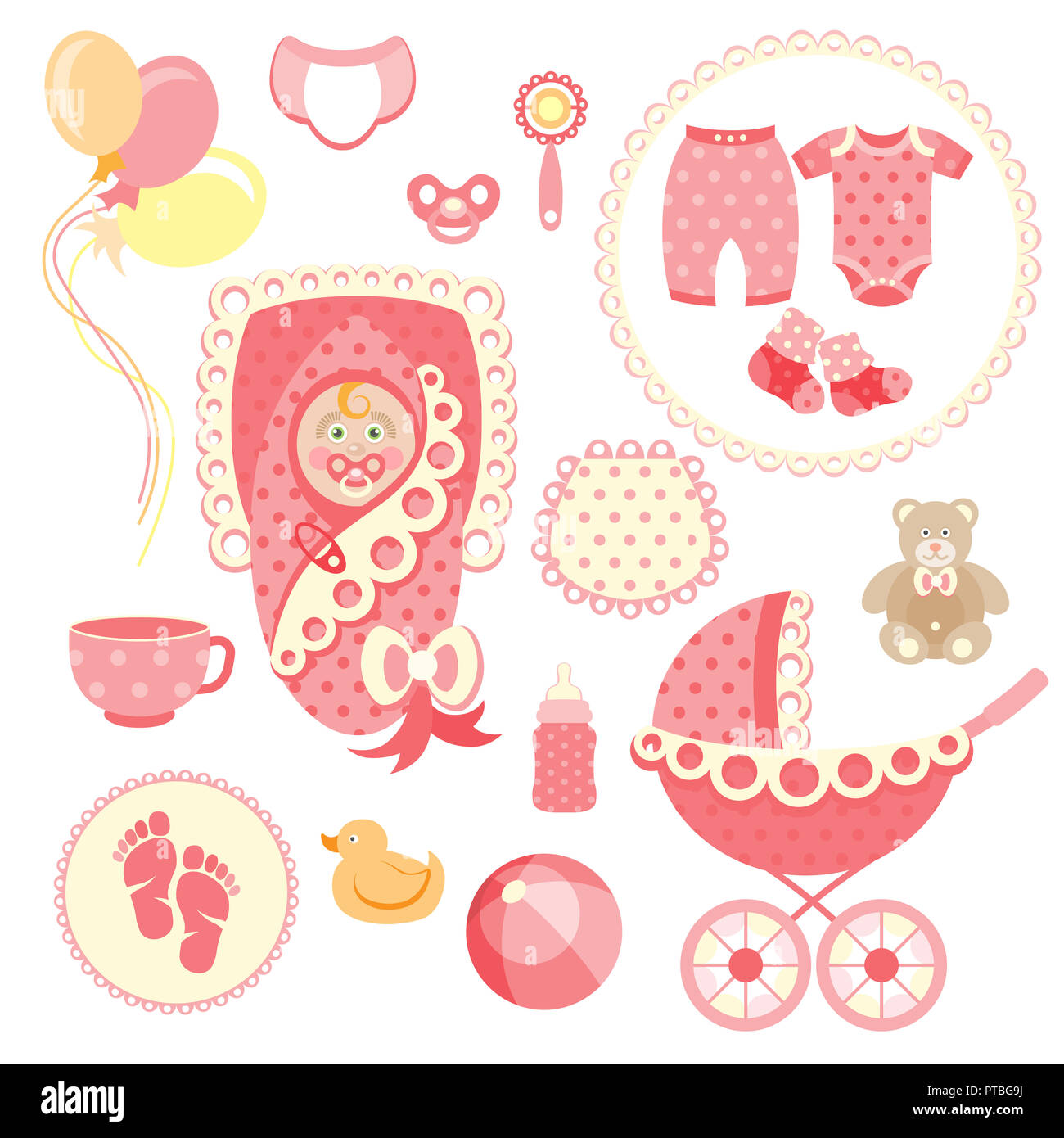 Newborn baby girl clip art with cute icons. collection Stock Photo - Alamy