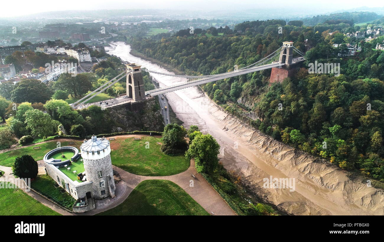 Drone shot of Clifton Suspension Bridge with the observatory in the ...