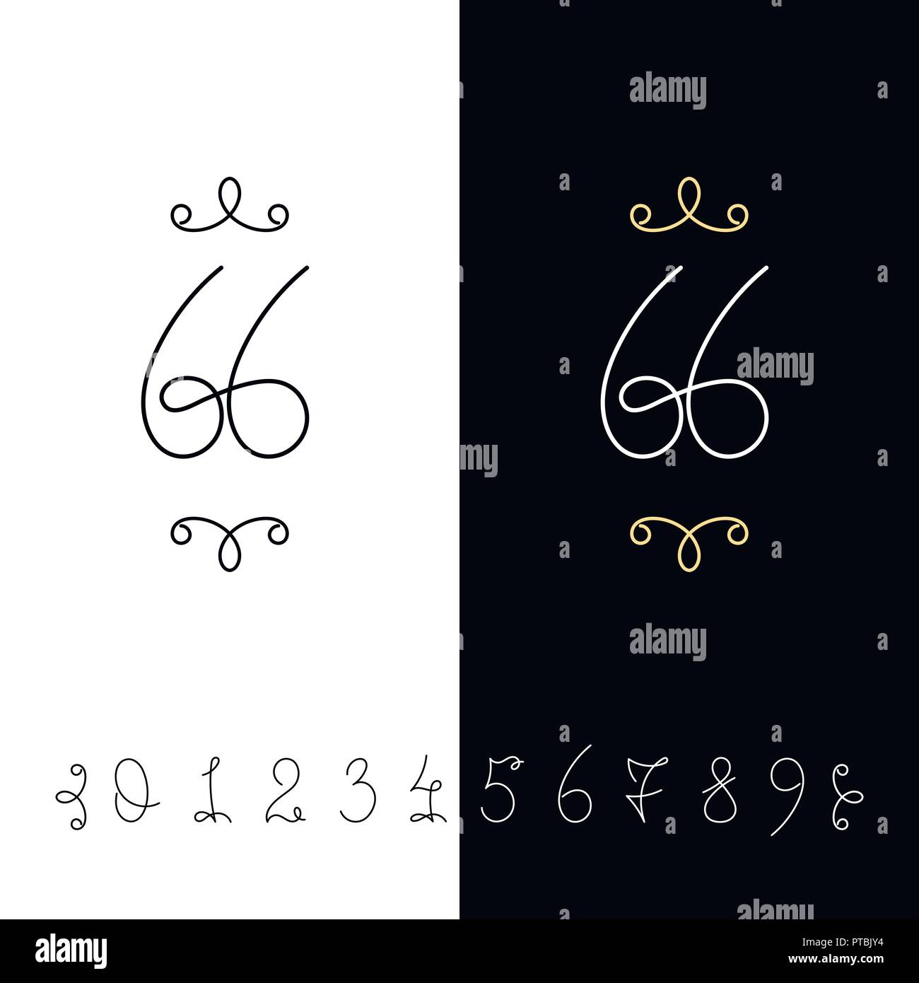 Set of vector calligraphy numbers from 0 to 9. Lined ornate monogram ...