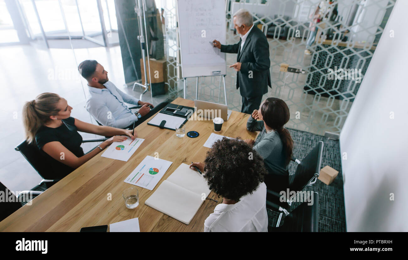 Mature businessman presenting his ideas on whiteboard to colleagues ...