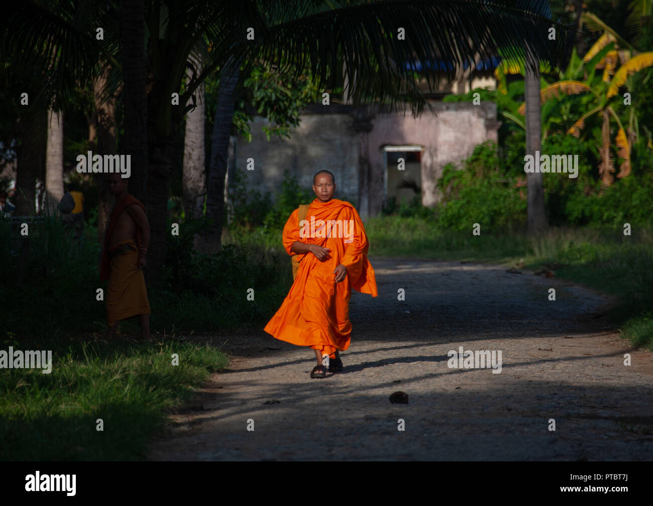 Cambodian monk walking in the street, Battambang province, Battambang ...