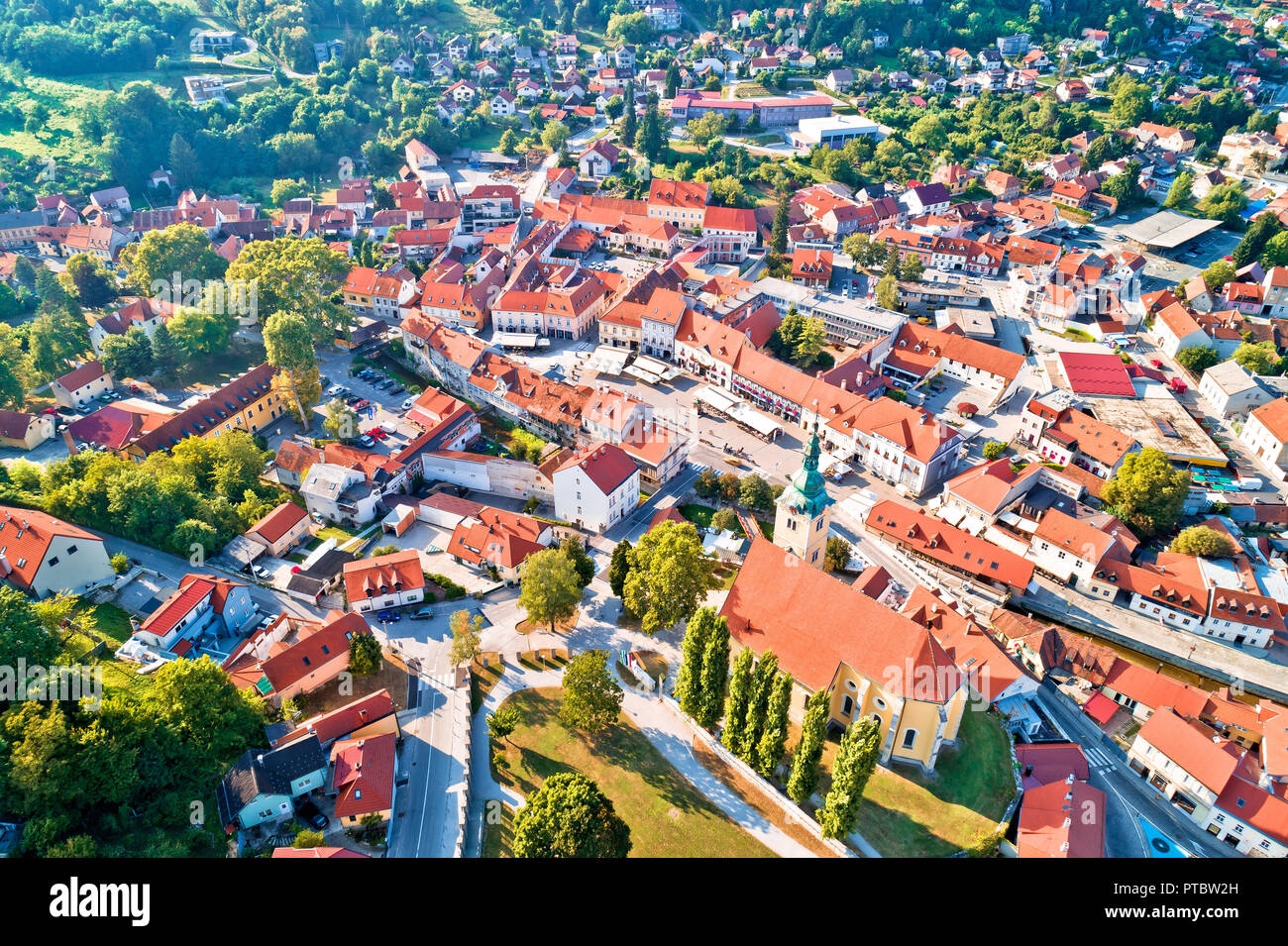 Samobor main square and church tower aerial view, northern Croatia ...
