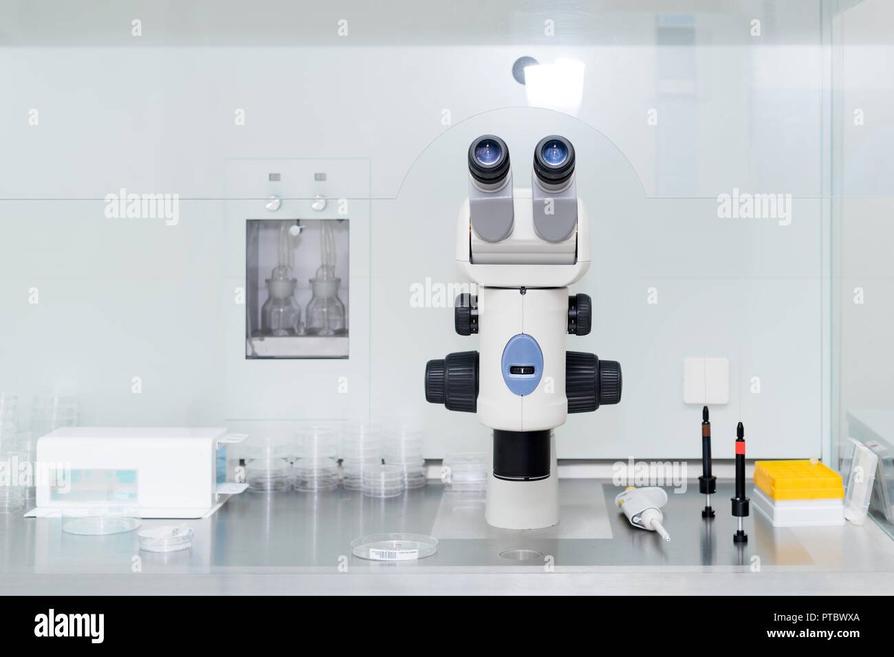 Modern microscope in biotech lab. Equipment in laboratory of ...