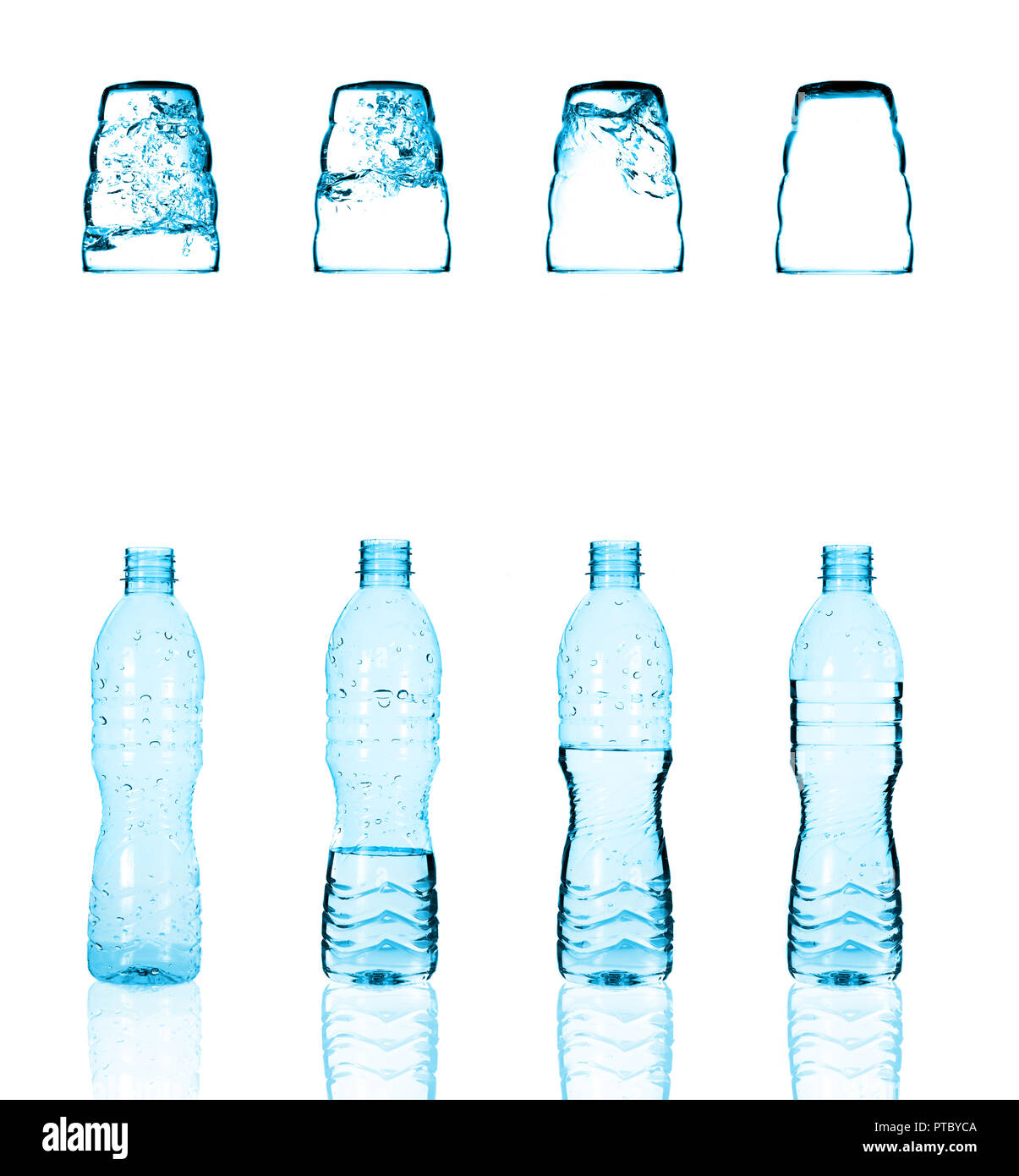 Stack of water glass Pouring water into cold bottle on white background ...