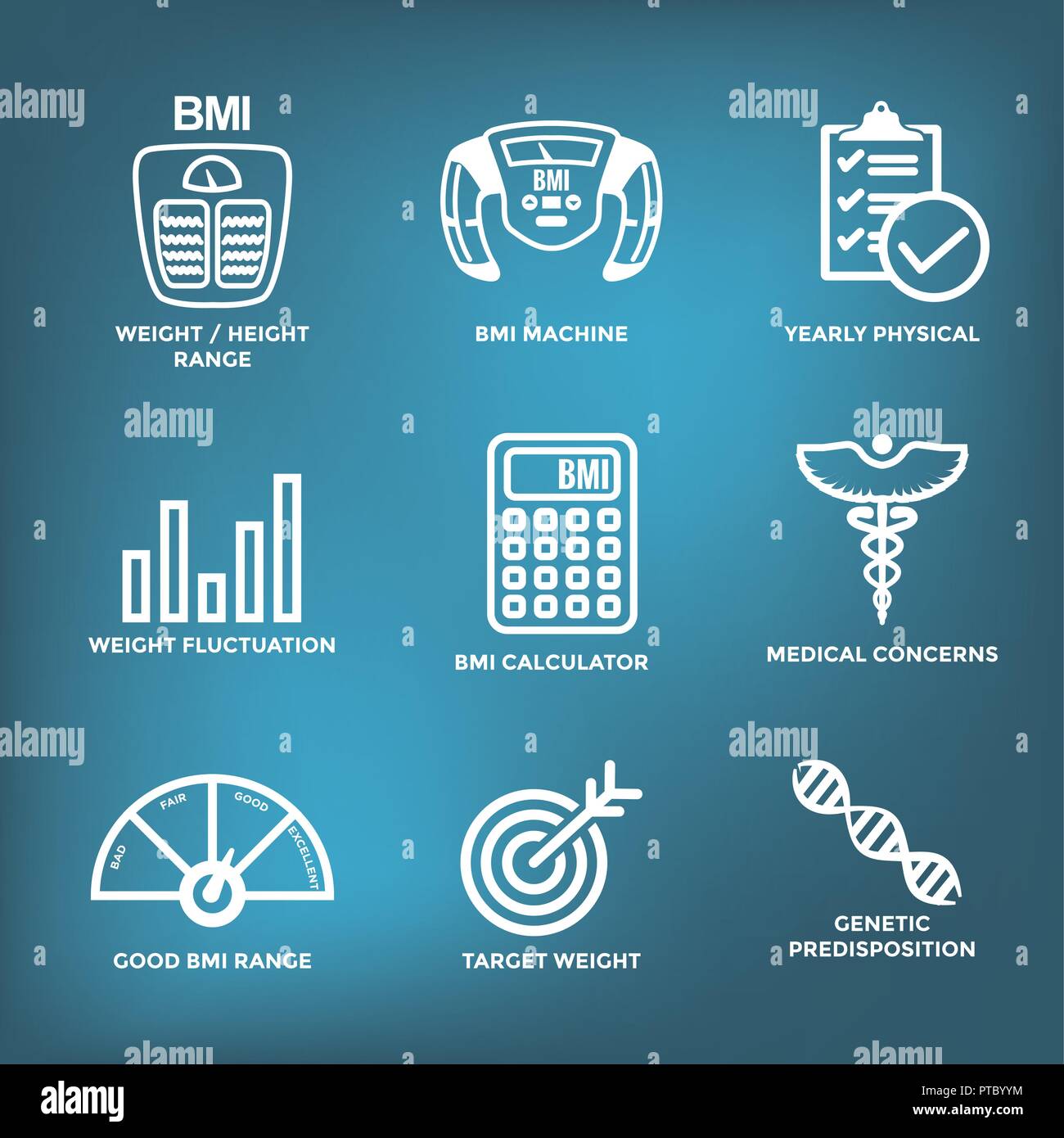 BMI - Body Mass Index Icon Set with BMI Machine, a weight scale, etc ...