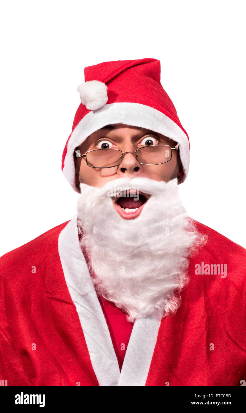 Young surprised Santa Claus with wide open eyes and mouth Stock Photo ...