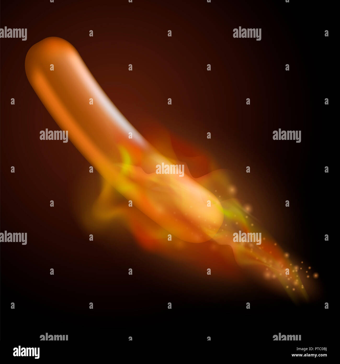Burning Grill Sausage and Red Fire Isolated on Black Background. Street ...