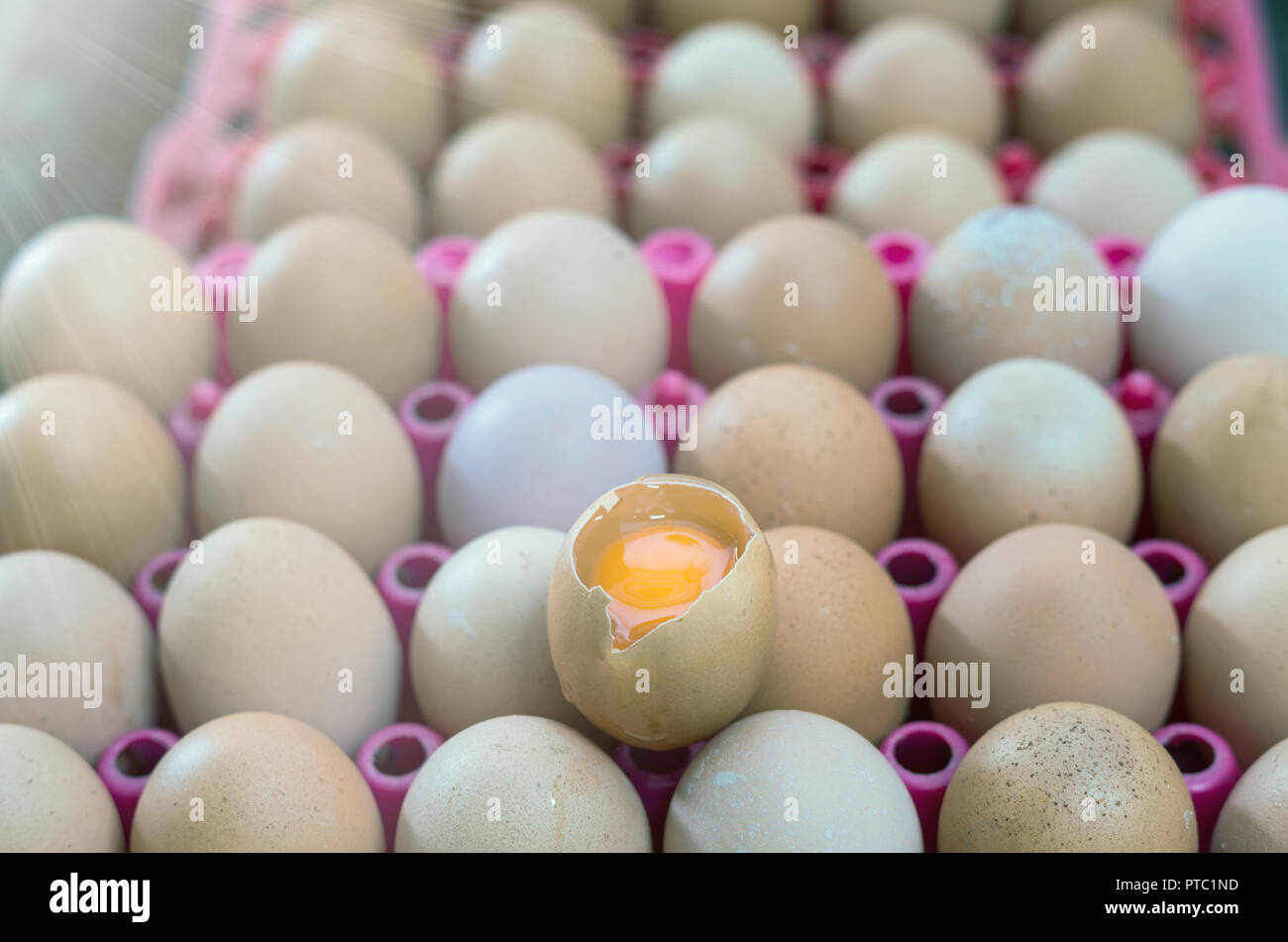 one egg is opened on stack of eggs Stock Photo - Alamy