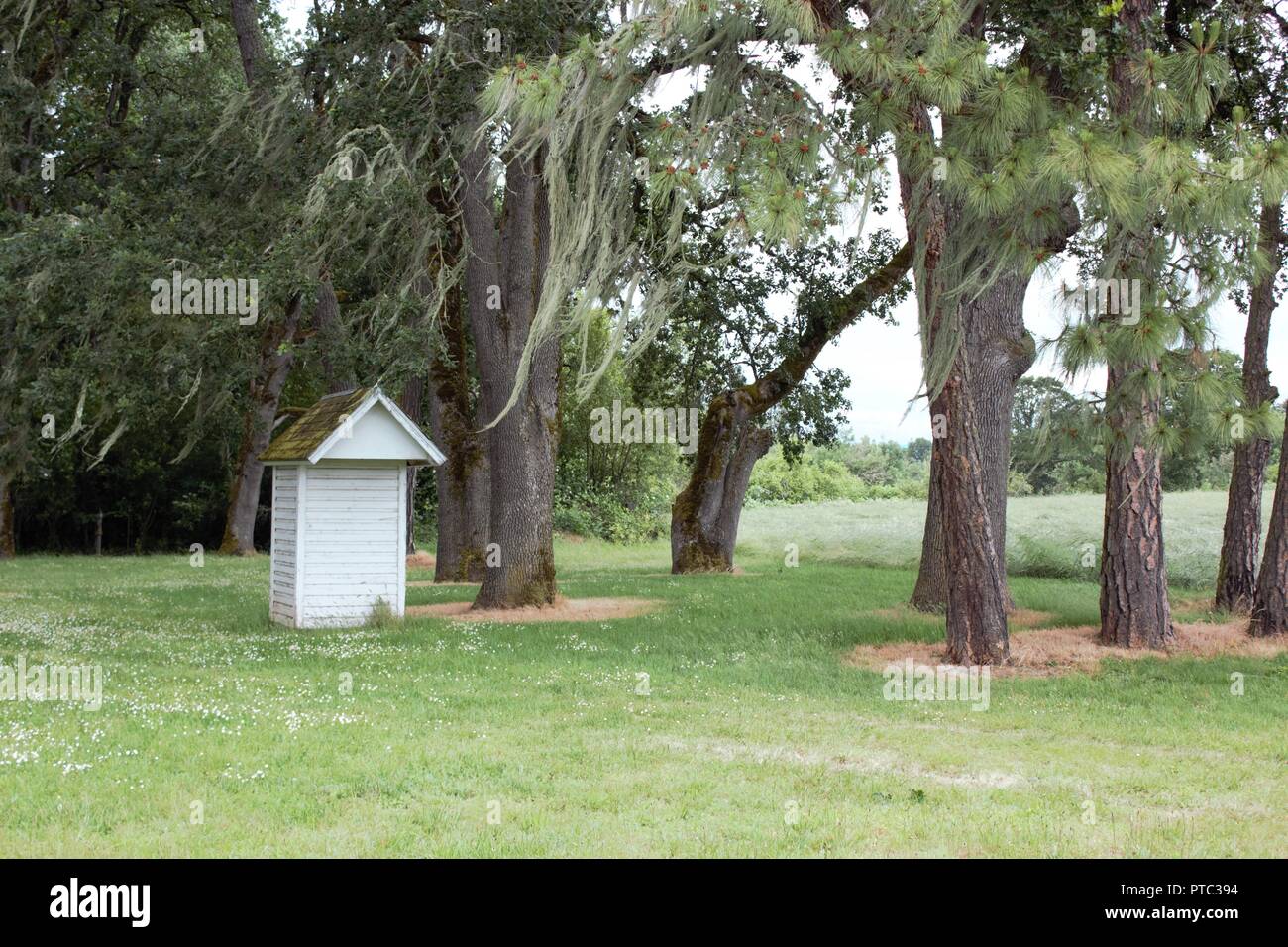 Outhouse in Oregon with an overhang on the back side for those waiting ...