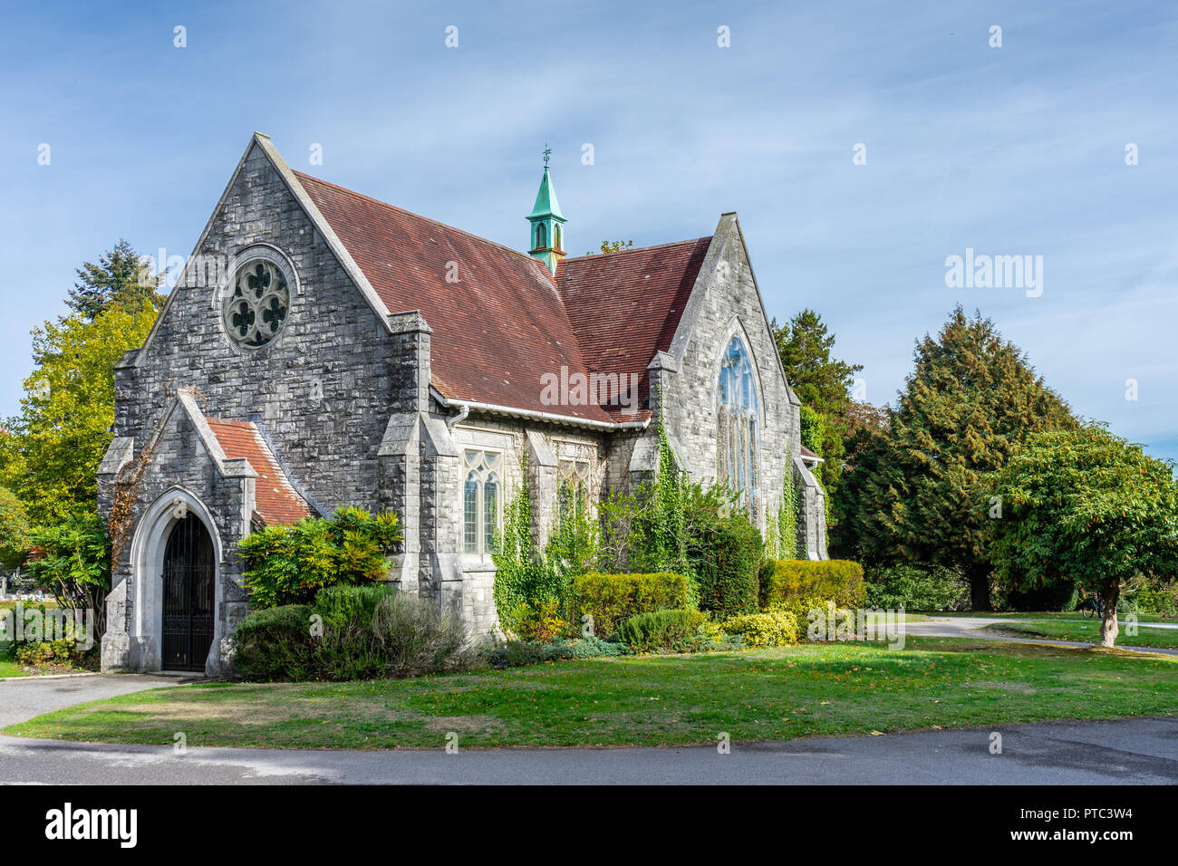 The chapel building at Hollybrook Cemetery in Southampton, Enland, UK ...