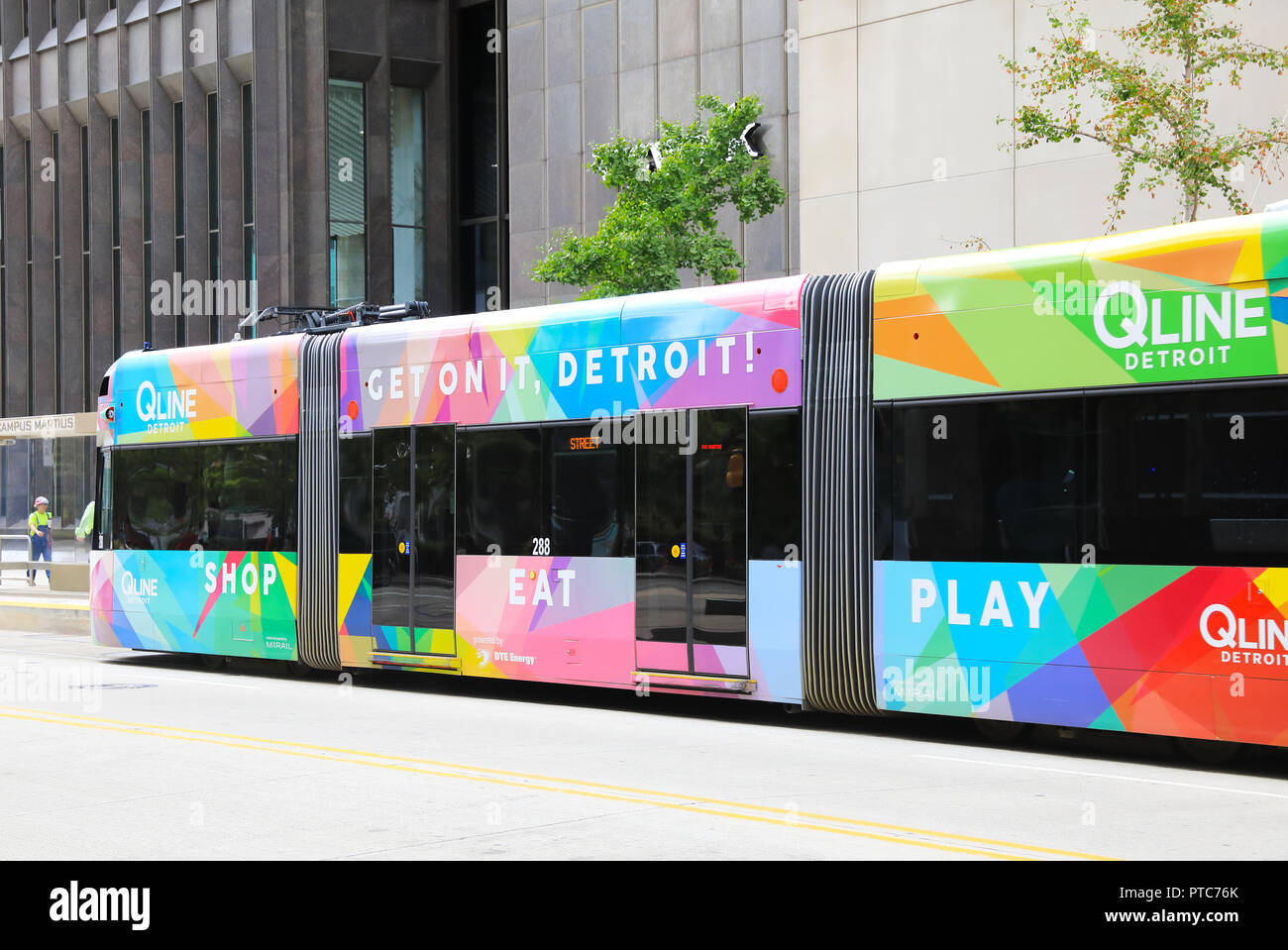 The QLine streetcar on regenerated Woodward Avenue, in downtown Detroit ...