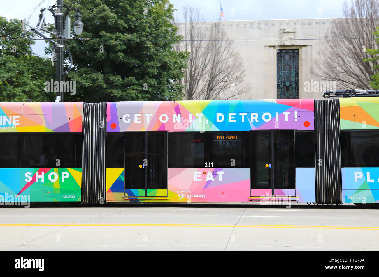 The QLine streetcar on regenerated Woodward Avenue, in downtown Detroit ...