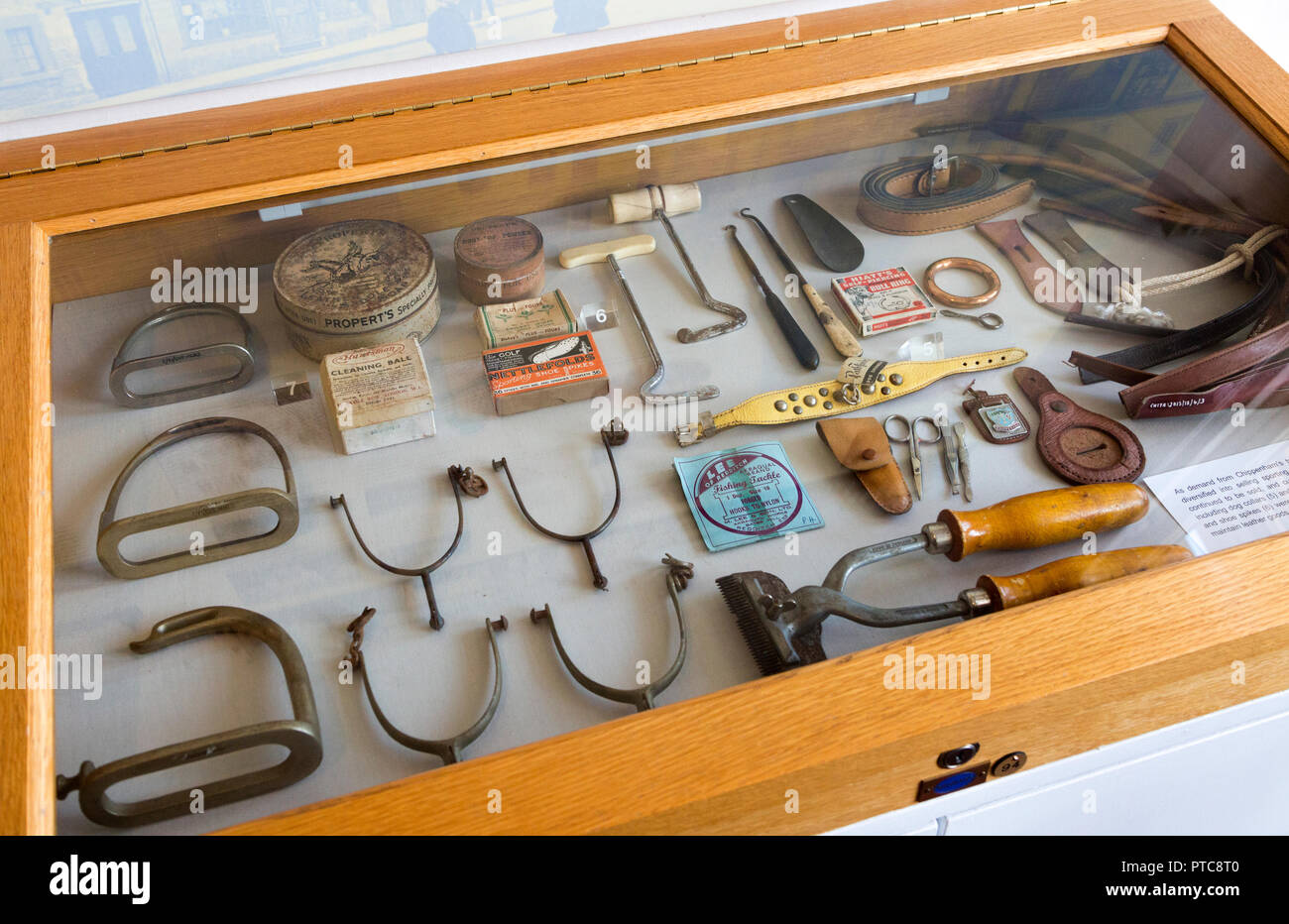 Display of tools related to Newman's Saddlery industry, with permission ...