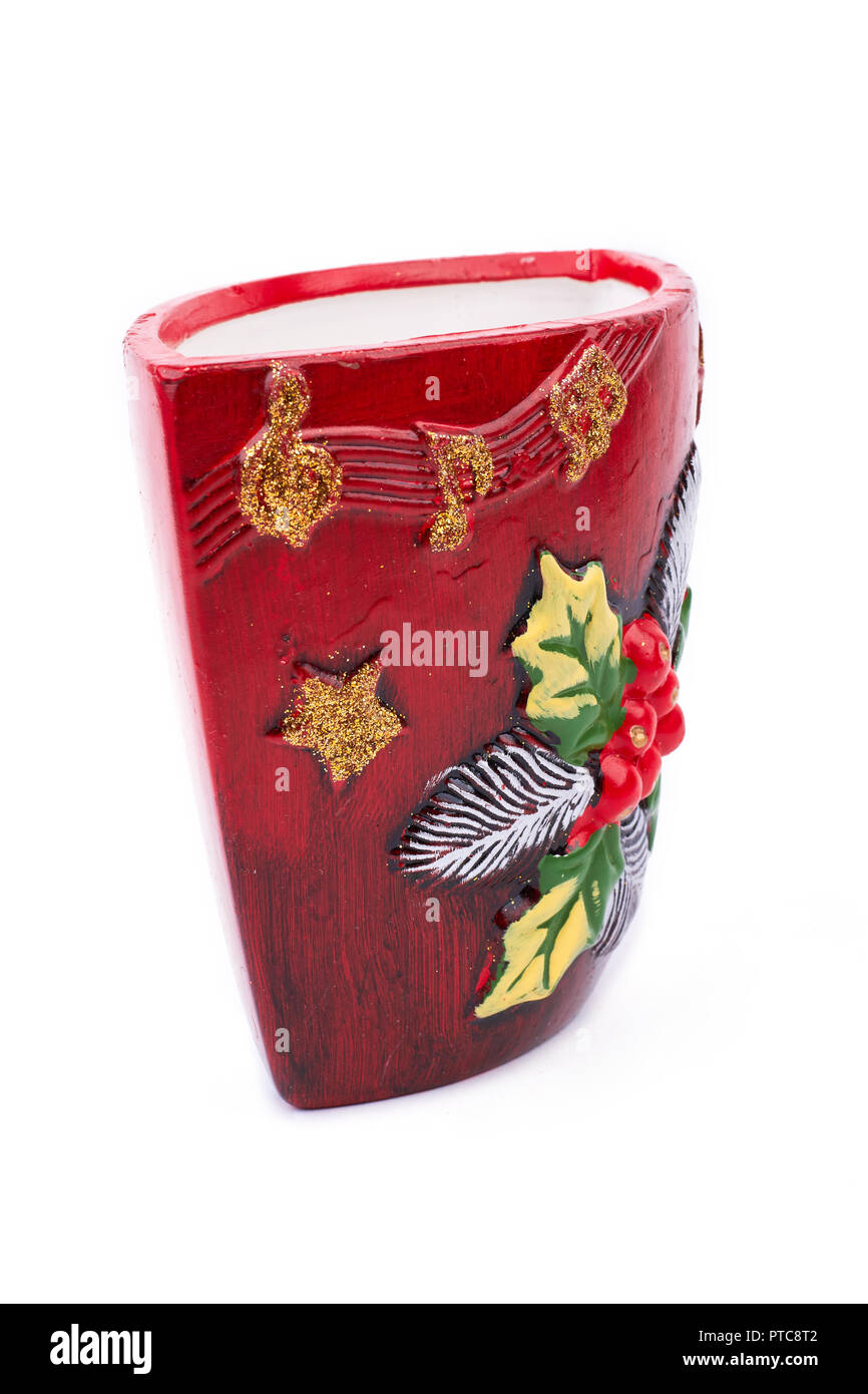 Red pottery flower pot, white background. Red handicraft decorated clay ...