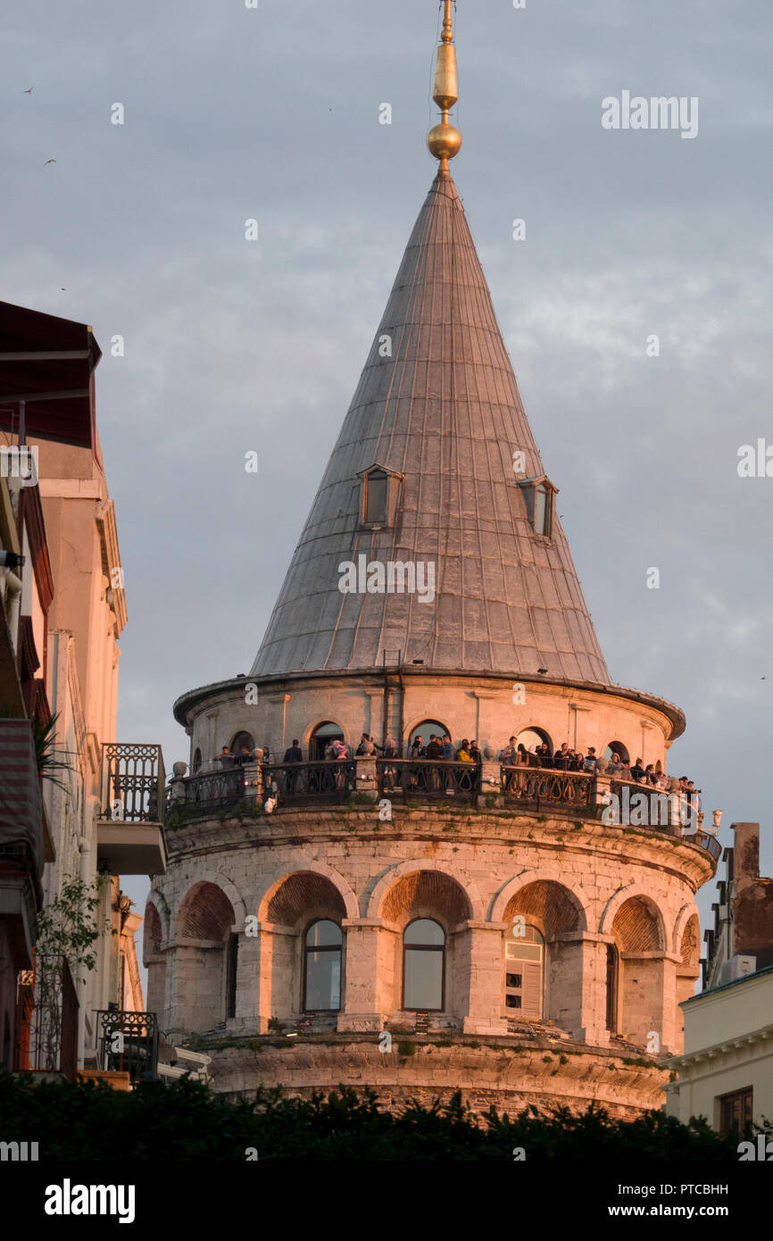 People on the lookout platform of the Galata tower in Istanbul, Turkey ...