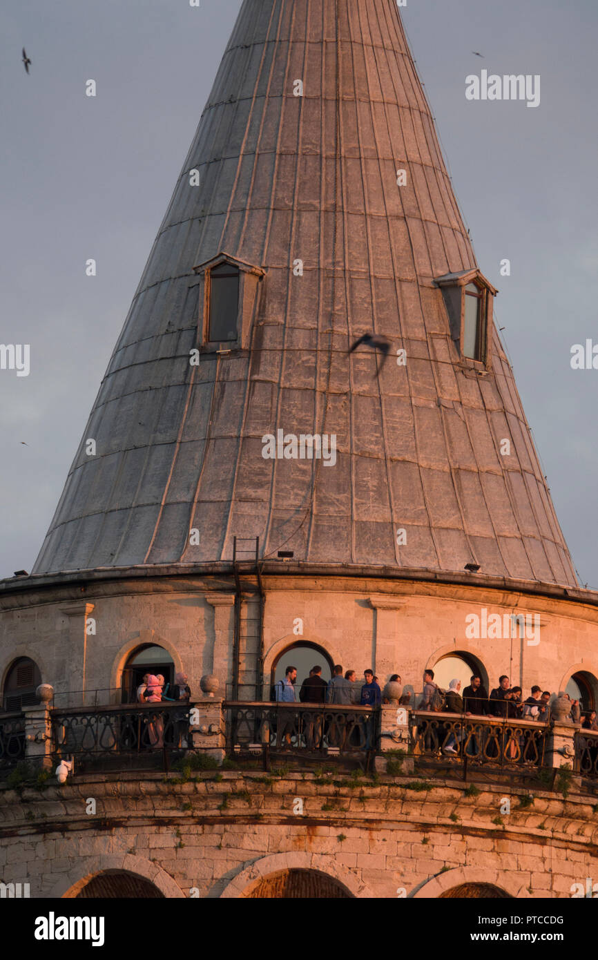 People on the lookout platform of the Galata tower in Istanbul, Turkey ...