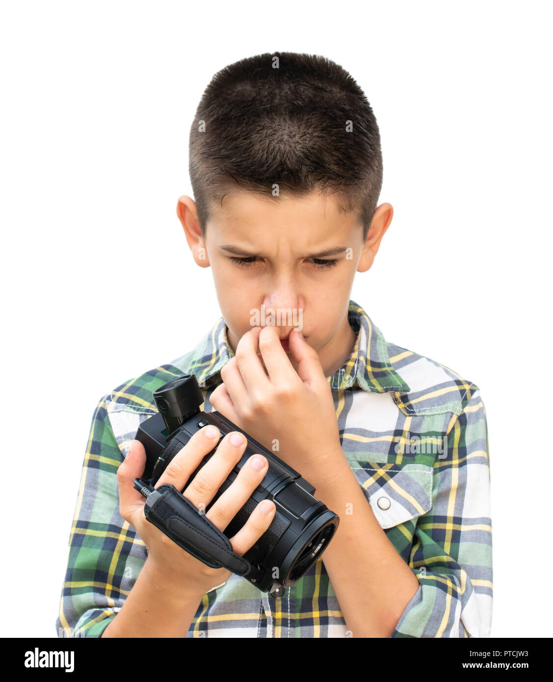 Boy hold video camera. White isolated Stock Photo - Alamy