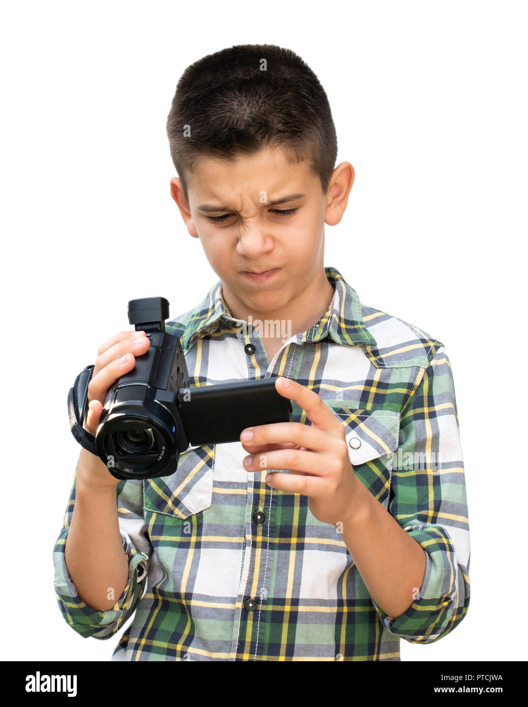 Boy hold video camera. White isolated Stock Photo - Alamy