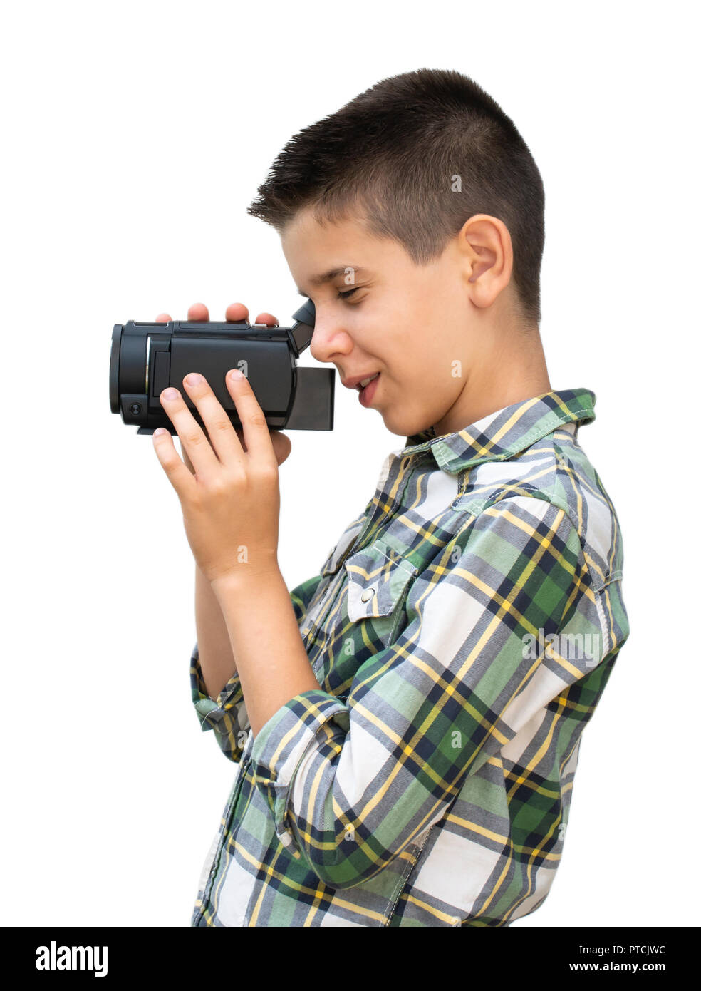Boy hold video camera. White isolated Stock Photo - Alamy