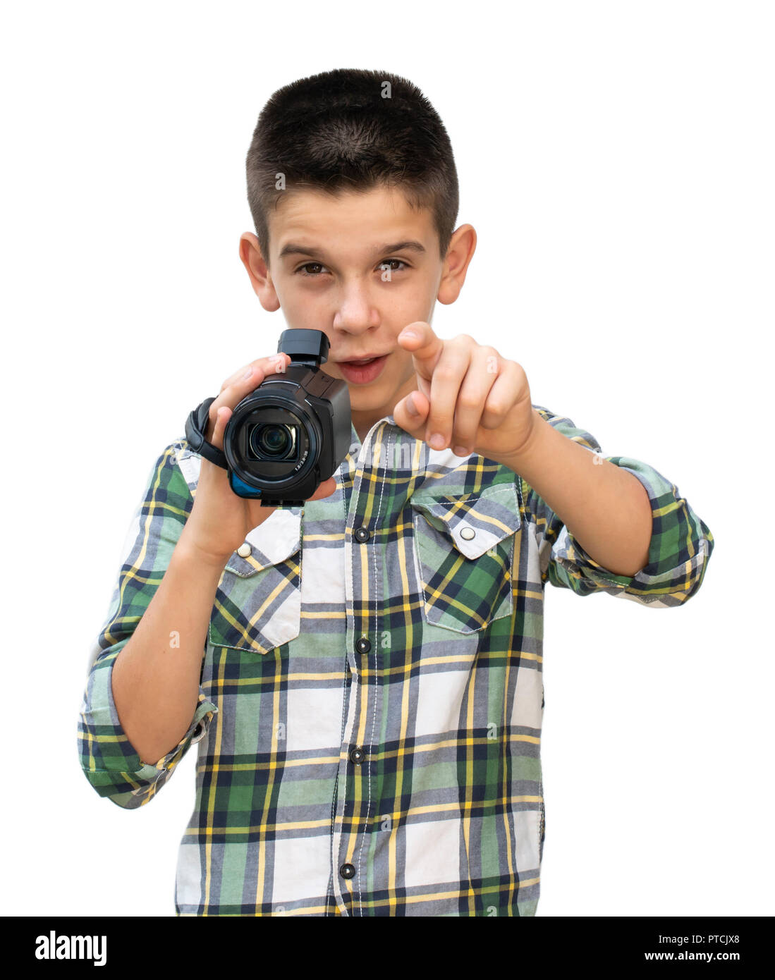 Boy hold video camera. White isolated Stock Photo - Alamy