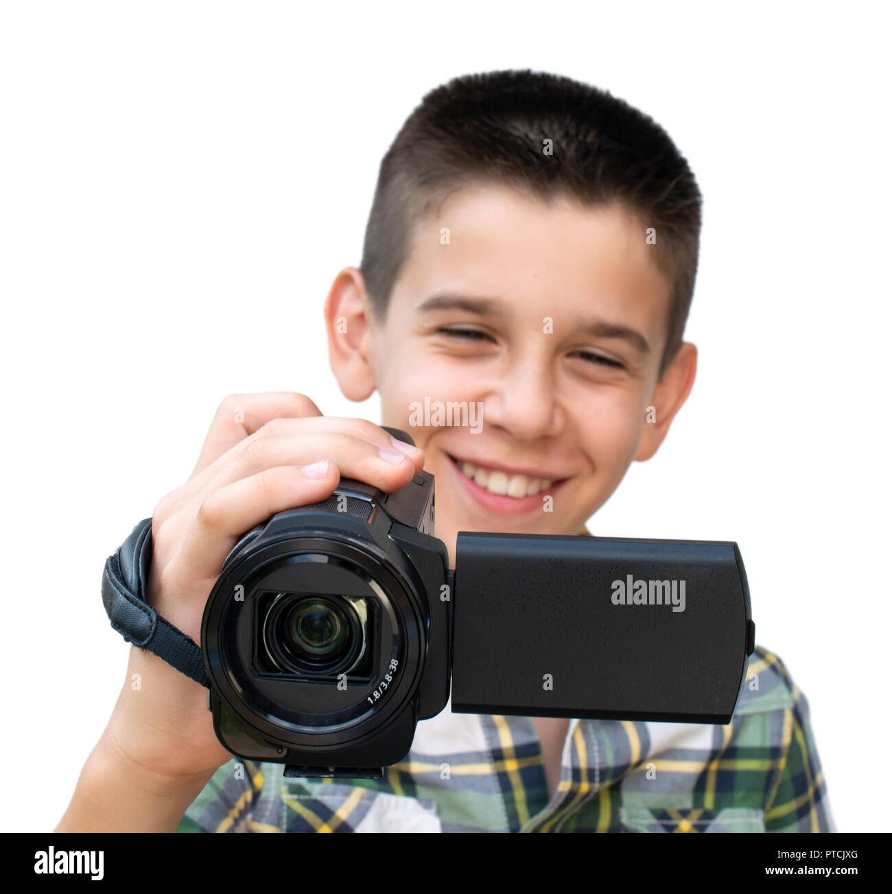 Boy hold video camera. White isolated Stock Photo - Alamy