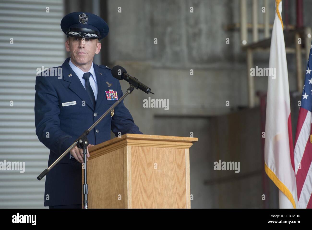U.S. Air Force Brig. Gen. Case Cunningham, 18th Wing command, speaks to ...