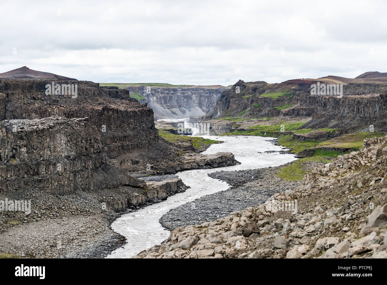 Iceland Dettifoss waterfall river canyon, gray grey water, rocky grey ...