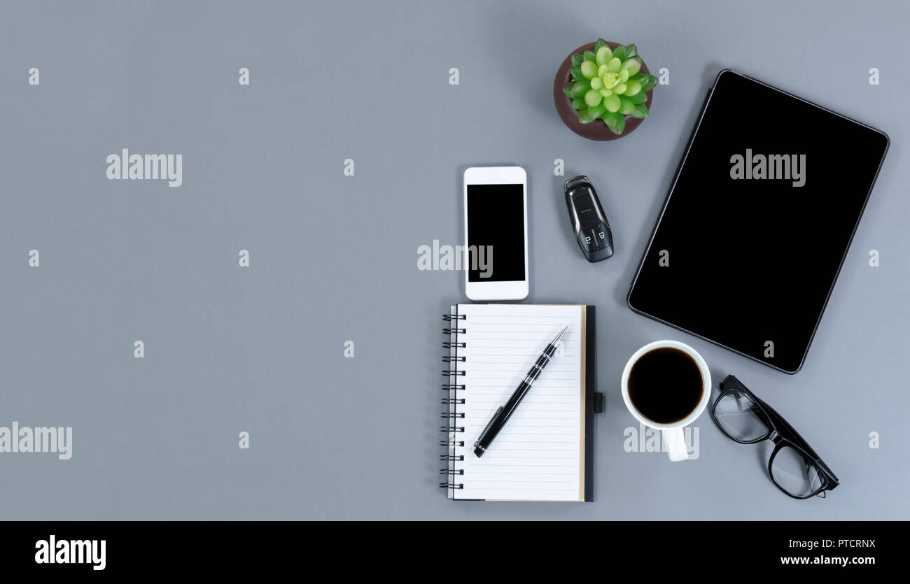 Overhead view of wireless functional gray desktop with copy space Stock ...