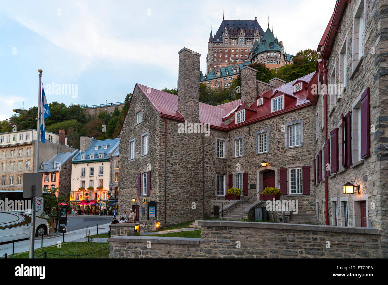 Evening view from Old Quebec towards Le Chateau Frontenac on top of the ...