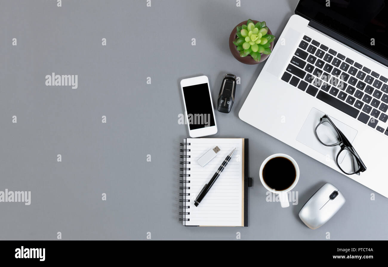 Overhead view of mobile functional gray desktop with copy space Stock ...