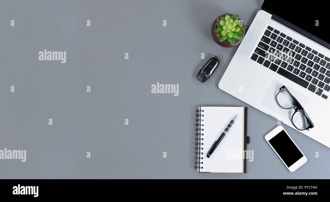 Overhead view of mobile gray desktop with plenty of copy space Stock ...