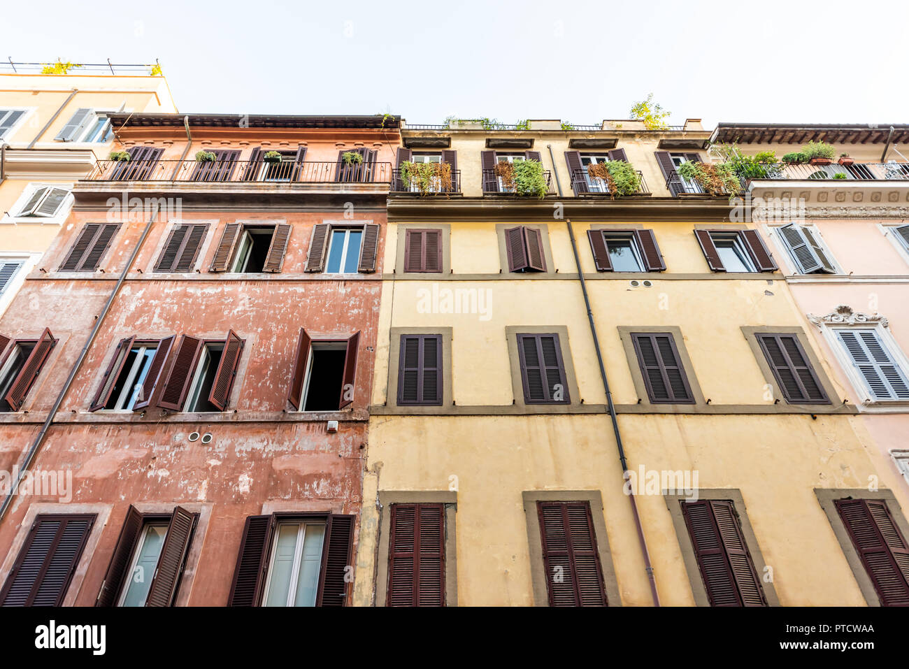 Rome, Italy street in historic center looking up at facade exterior ...