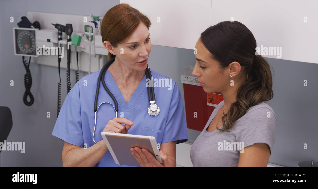 Close up of nurse explaining to young hispanic patient her health ...