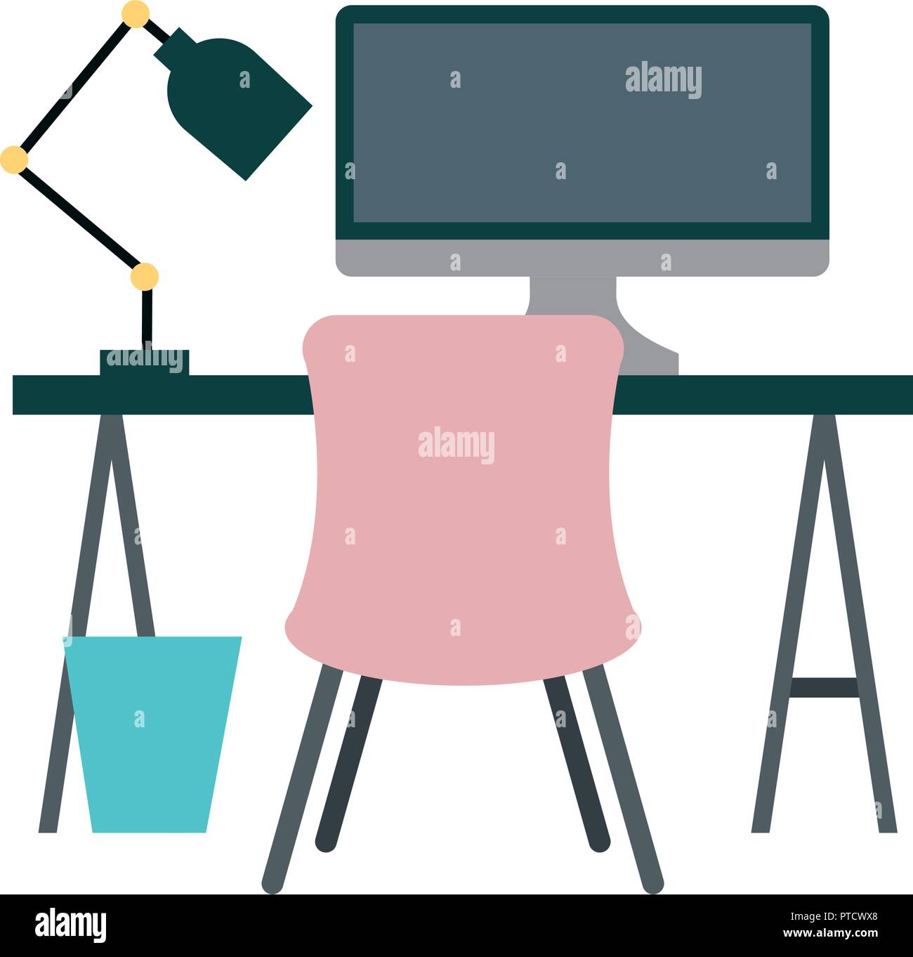 office workplace desk computer chair lamp trash can Stock Vector Image ...