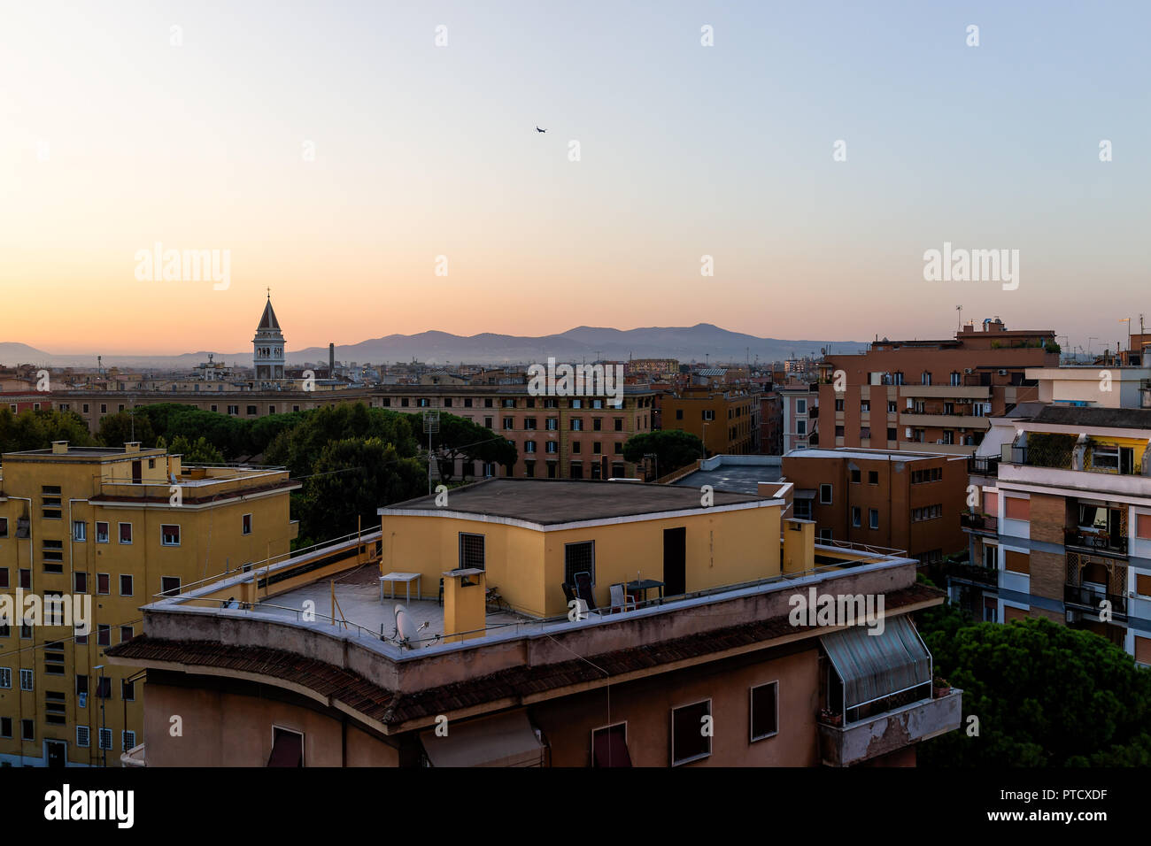 Cityscape of Rome, Italy historic city with church tower bell, summer ...