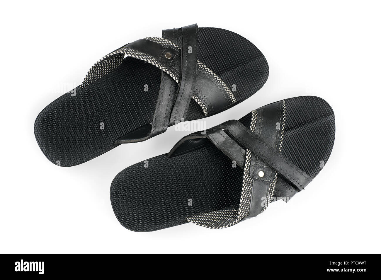 Pair of male black slippers top view. Isolated on white, clipping path ...