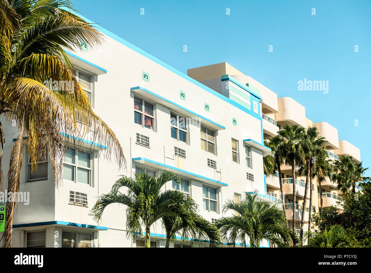 White, blue, teal, turquoise, yellow buildings in Art Deco district in ...