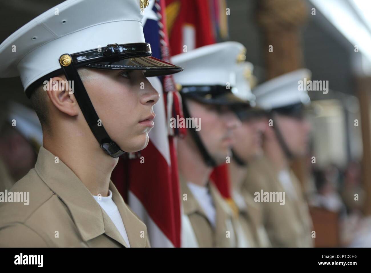 The 9th Marine Corps District color guard prepares to march on the ...