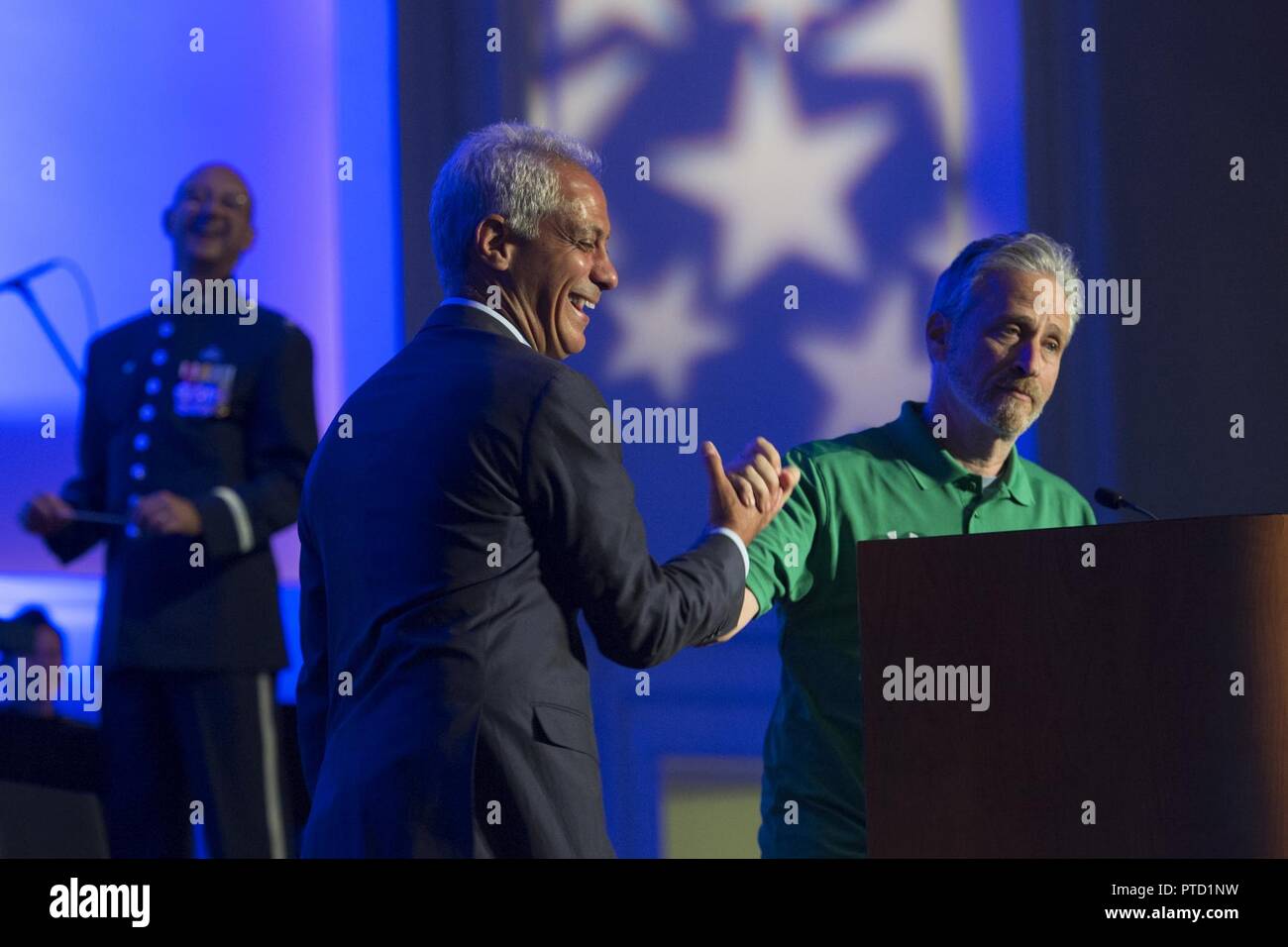 Chicago Mayor Rahm Emanuel and comedian Jon Stewart shake hands after ...