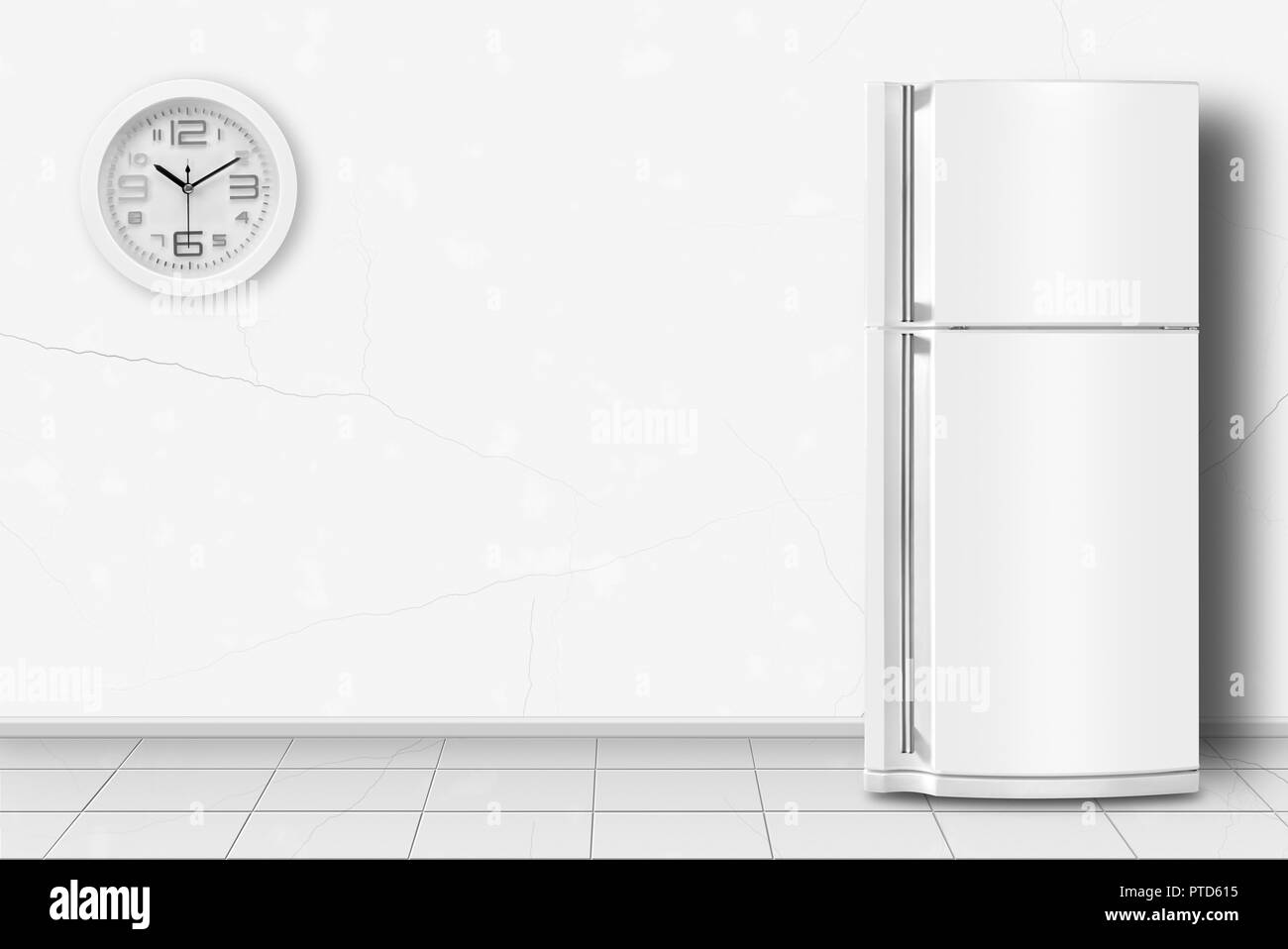 Major appliance - Clock and refrigerator in front on a white wall ...